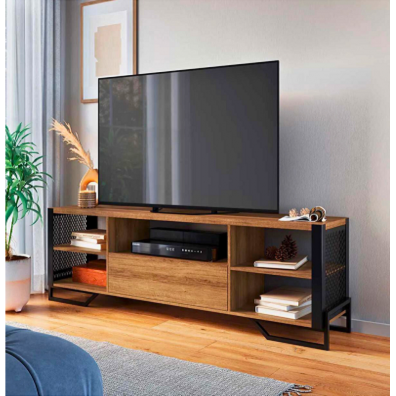 Móvel estilo industrial rack de estrutura metálica e MDF com grade ...